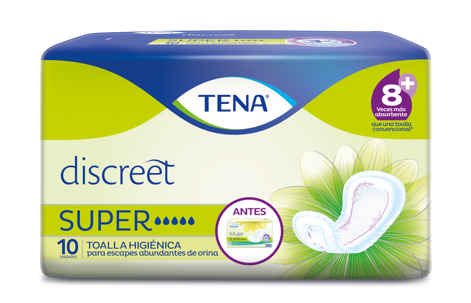 Toalla Tena Discreet Super 10 Unidades 5 Gotas